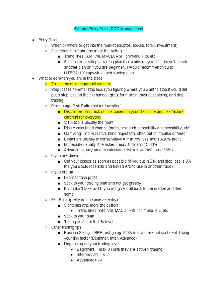 Exit and Entry Point, RRR Management in Trading | PDF | Investing | Risk