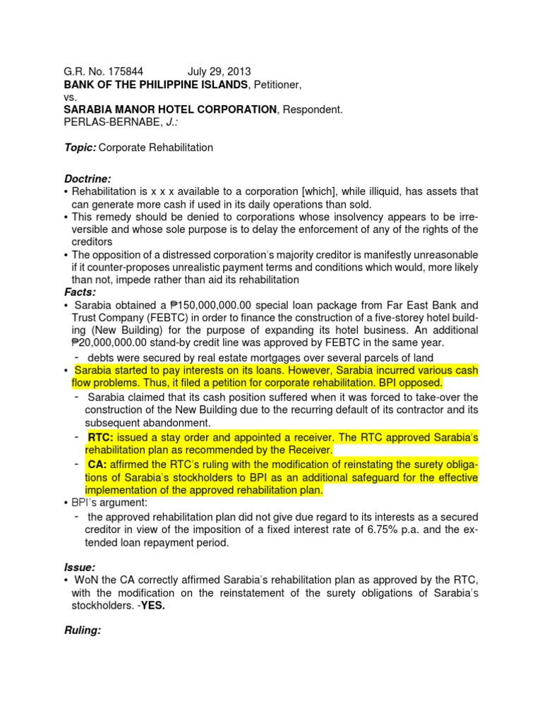 Bpi V Sarabia Manor Hotel 2013 | PDF | Insolvency | Interest