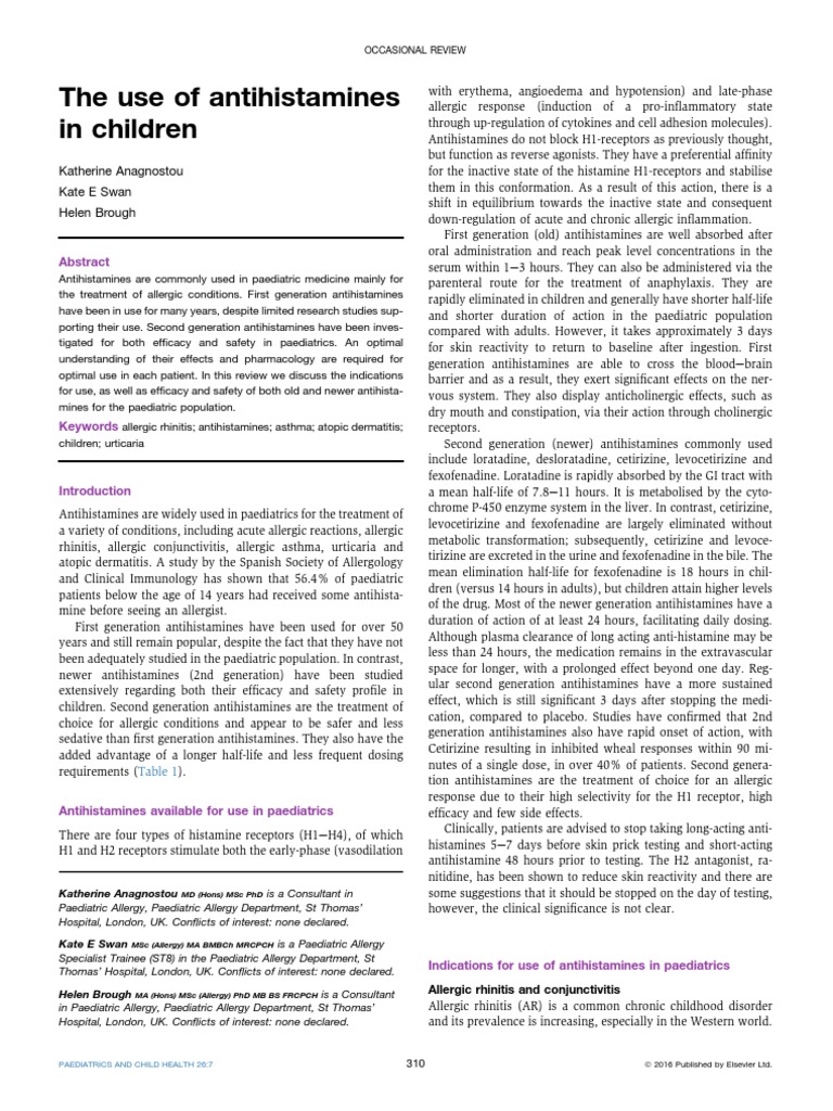 The Use of Antihistamines in Children 2016 Paediatrics and Child Health ...