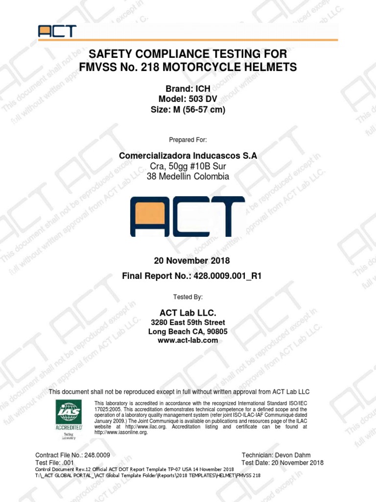 Safety Compliance Testing For Fmvss No. 218 Motorcycle Helmets ...