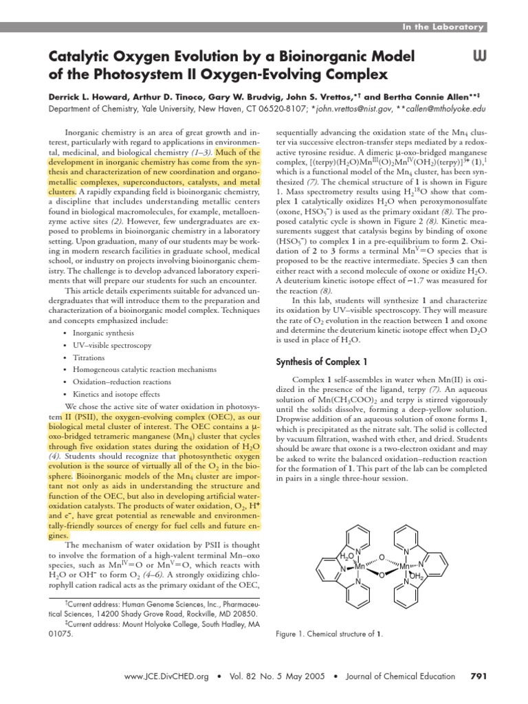 Catalytic Oxygen Evolution by A Bioinorganic Model of The Photosystem ...