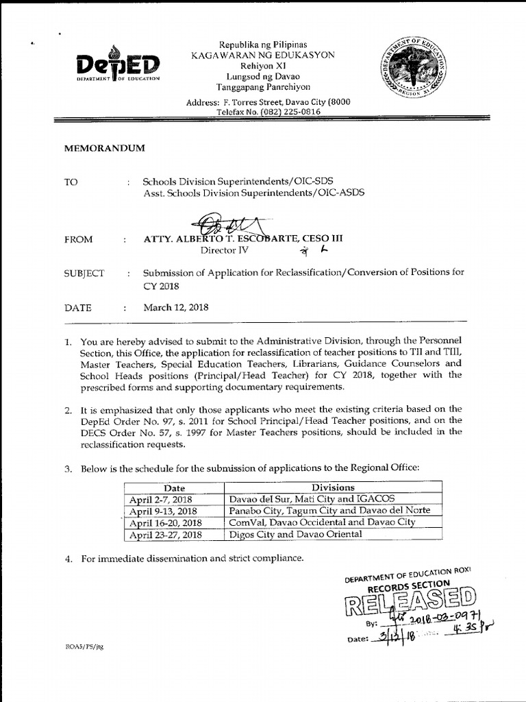 Memorandum Submission of Application For Reclassification Conversion of ...