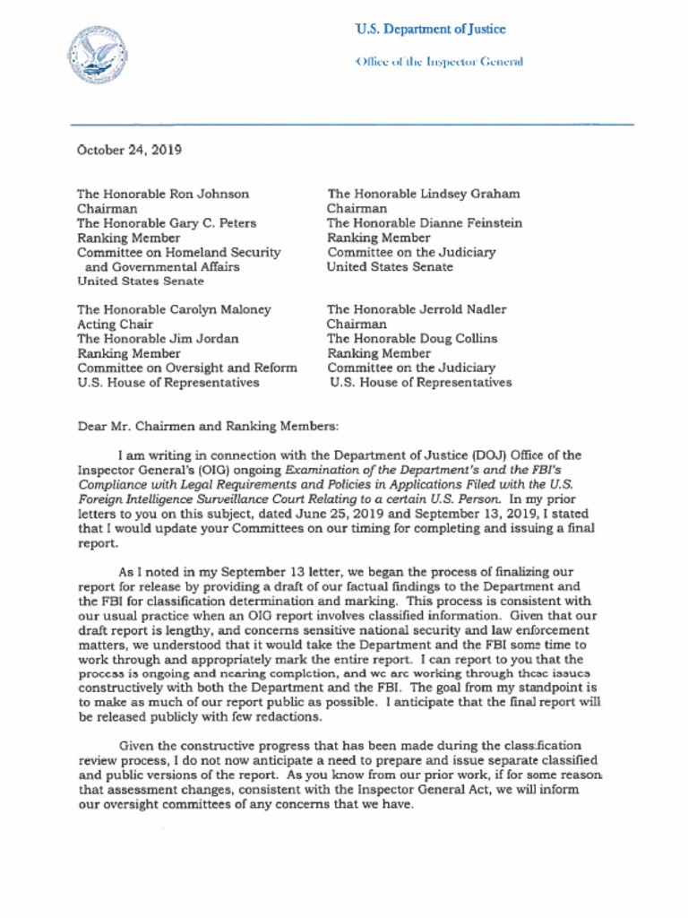 DOJ IG Update On Review of Intelligence Community Conduct | PDF