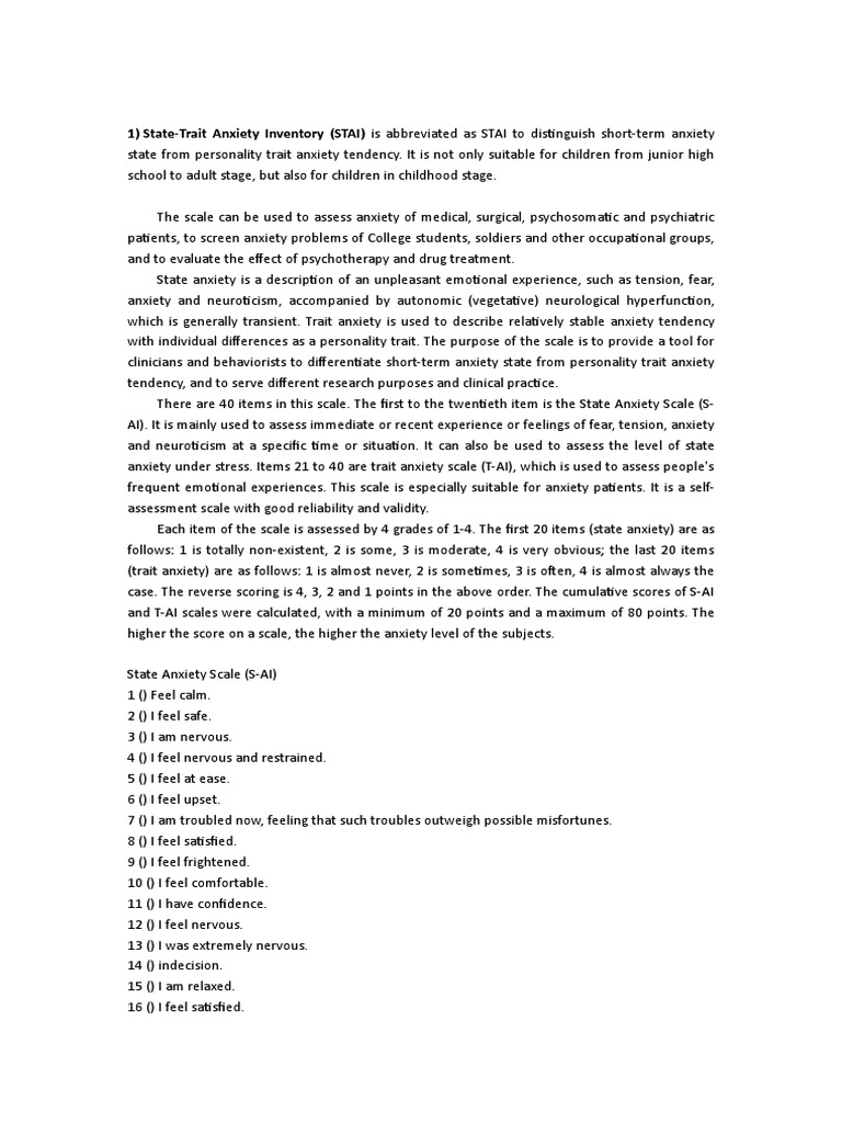 1) State-Trait Anxiety Inventory (STAI) Is Abbreviated As STAI To ...