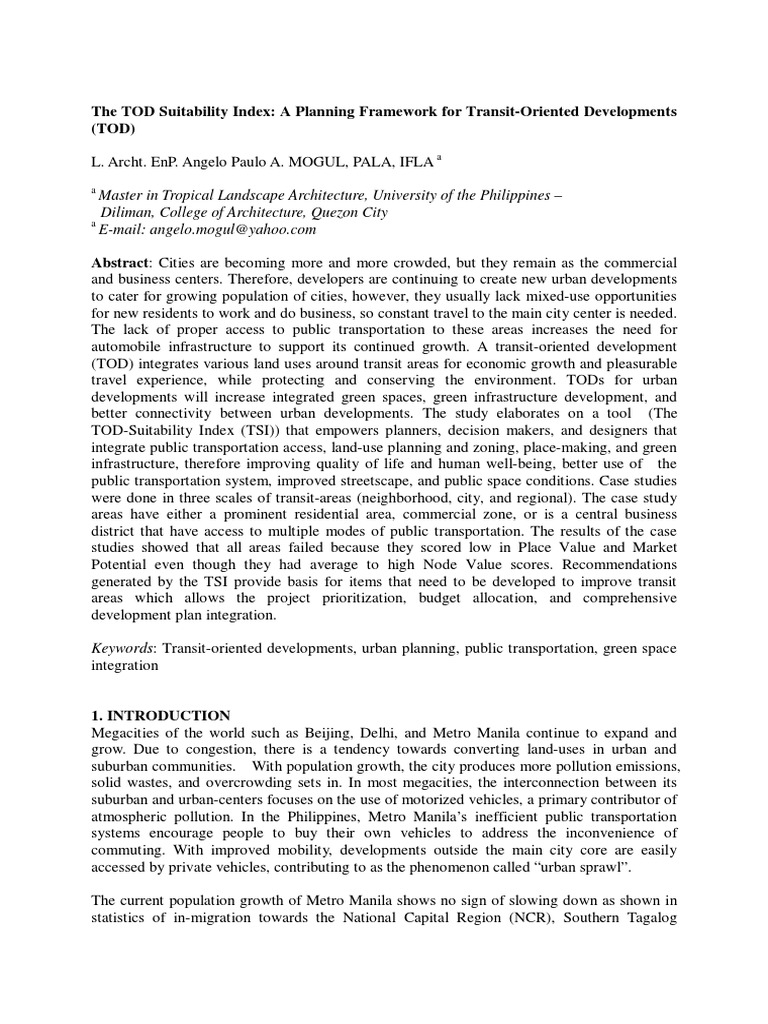 The TOD Suitability Index: A Planning Framework For Transit-Oriented ...