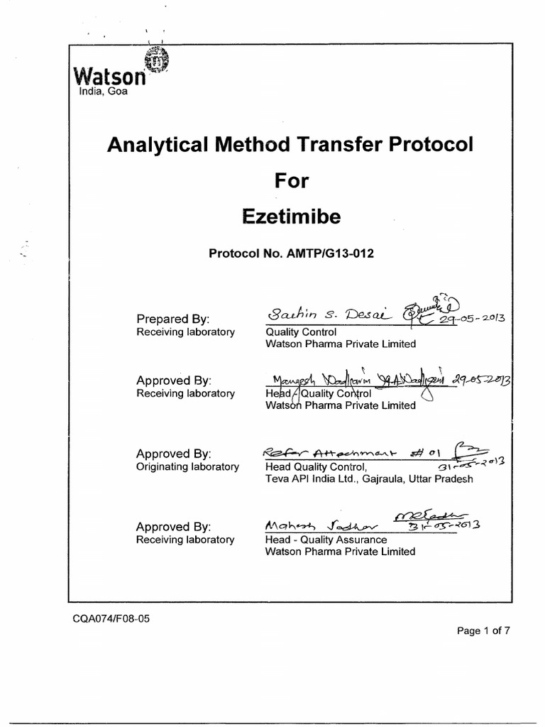 Analytical Method Transfer Protocol for Testing Ezetimibe Between Teva ...
