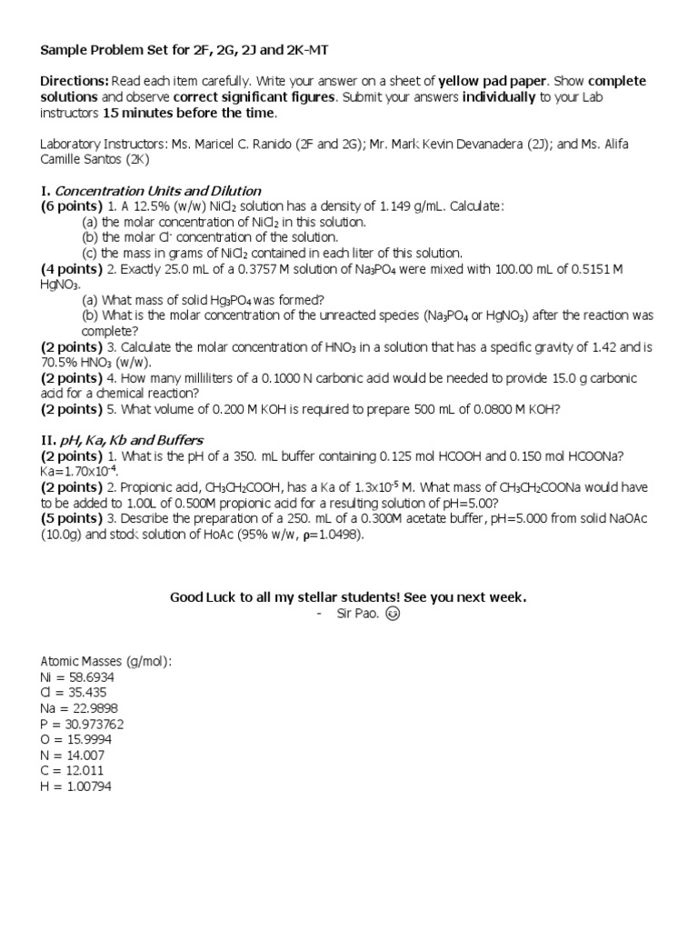 Sample Problem Set for 2F, 2G, 2J and 2K Chemistry Lab | PDF