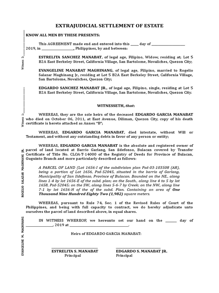 Extrajudicial Settlement of Estate Edgardo | PDF | Government ...