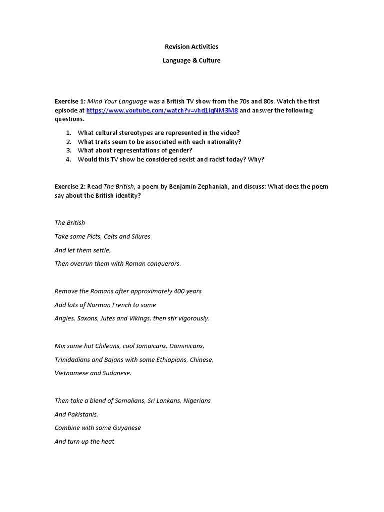 Language and Culture Revision Activities | PDF | Languages