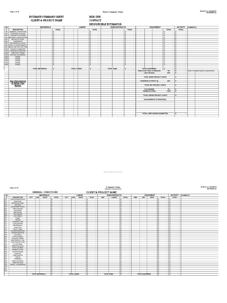 Estimate Summary Sheet Bids Due: - Client & Project Name Contact ...