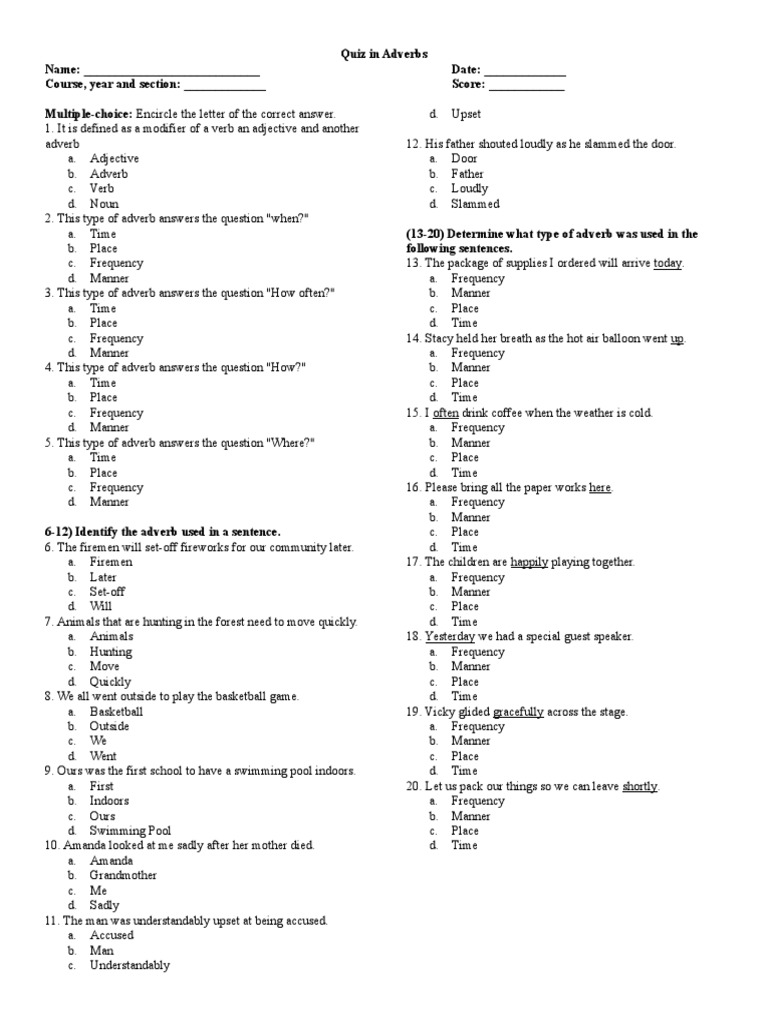 Assessing Knowledge of Adverbs: A Multiple Choice Quiz | PDF | Adverb ...