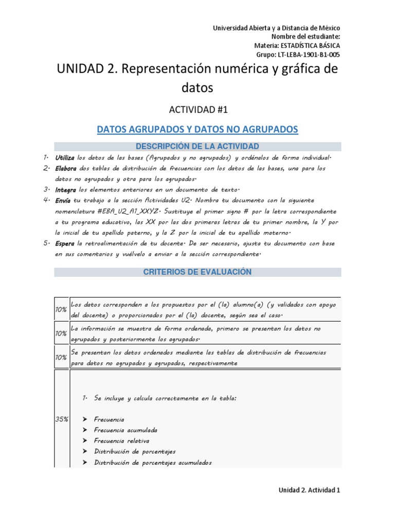 Actividad 1 Unidad 2 | PDF | Estadísticas descriptivas