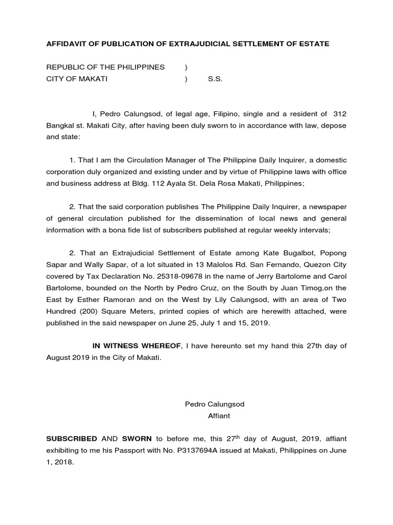 Affidavit of Extrajudicial Settlement | PDF