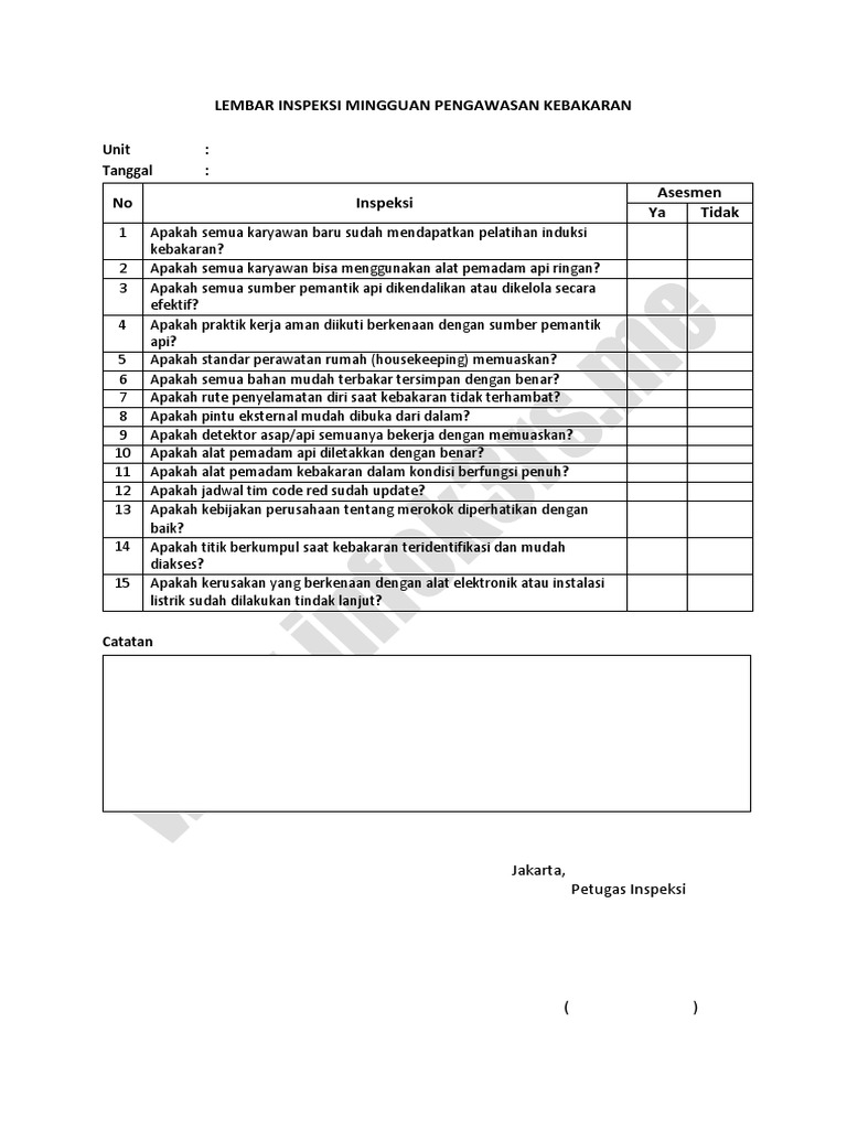 Lembar Inspeksi Mingguan Pengawasan Kebakaran | PDF