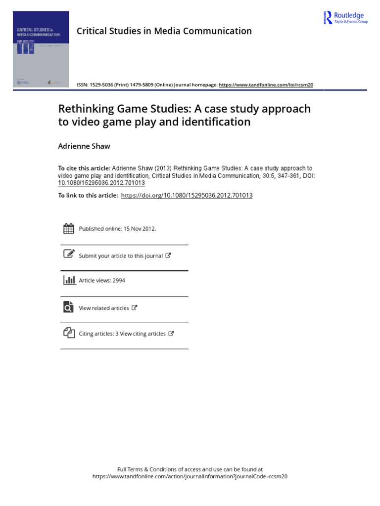 Rethinking Game Studies A Case Study Approach To Video Game Play and ...