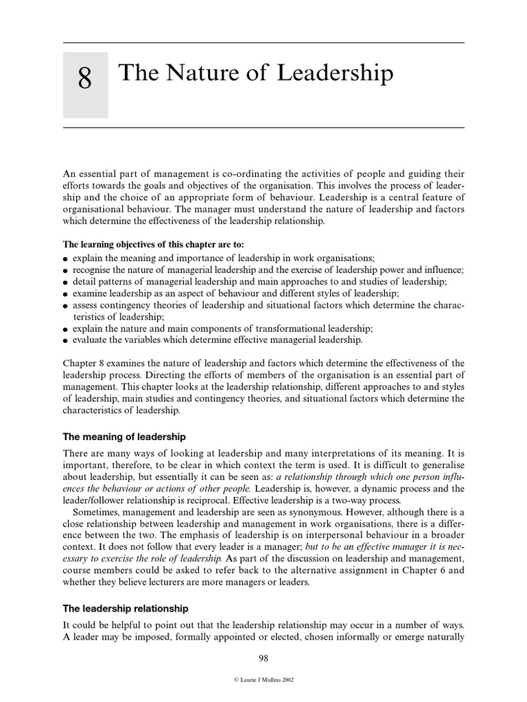 The Nature of Leadership: The Learning Objectives of This Chapter Are ...