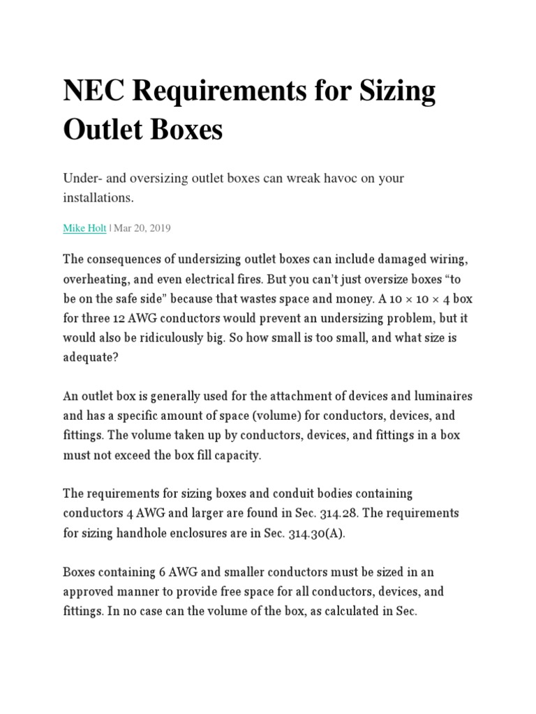 NEC Guidelines for Outlet Box Sizing | PDF | Electrical Conductor ...
