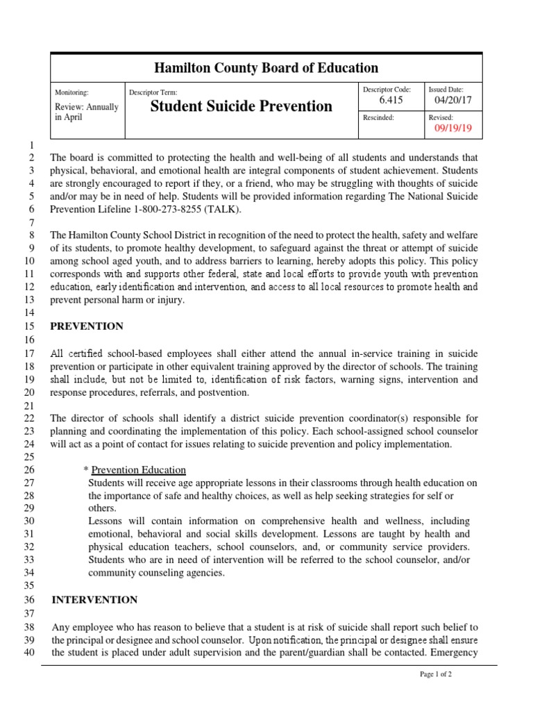 HCBE Student Suicide Prevention | PDF | School Counselor | Emergency ...