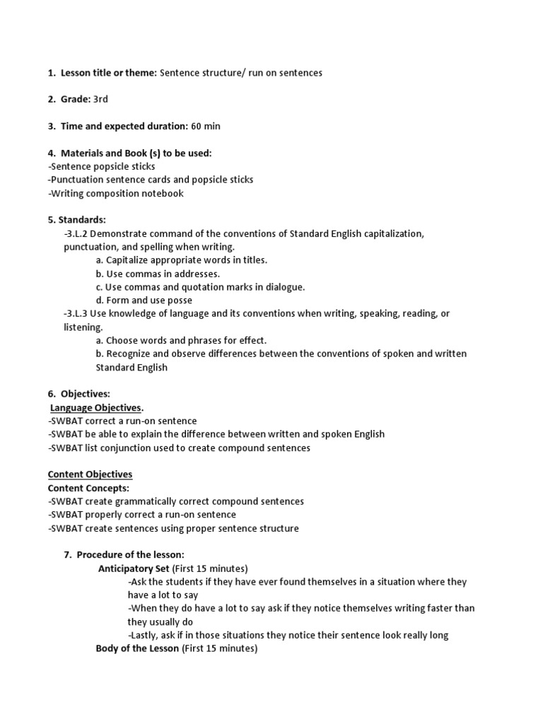 Ela Lesson Plan-Sentence Structure Run On Sentences | PDF | Sentence ...