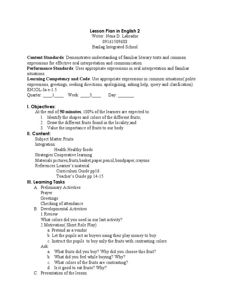 Lesson Plan in English 2 | PDF | Lesson Plan | Lunch
