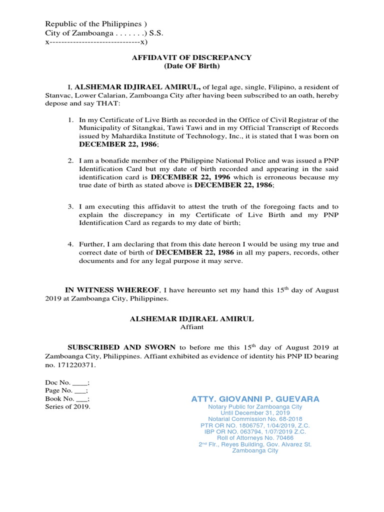 Sample Affidavit of Discrepancy | PDF | Affidavit | Identity Document
