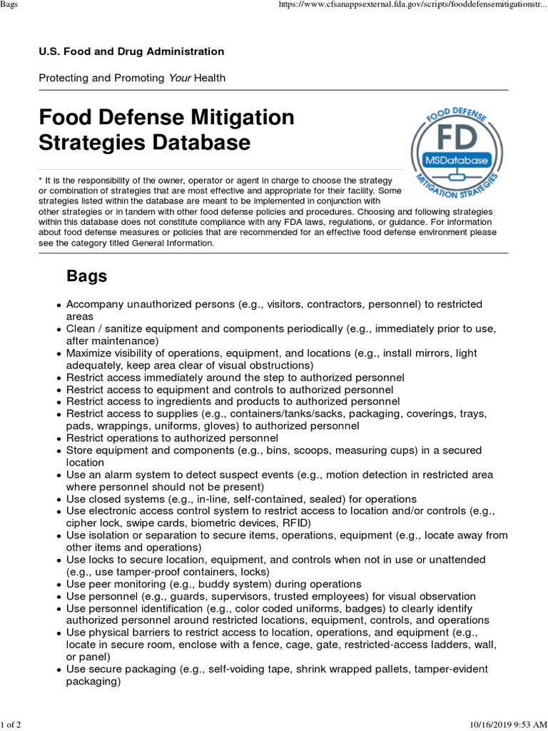 Food Defense Mitigation Strategies Database: U.S. Food and Drug ...