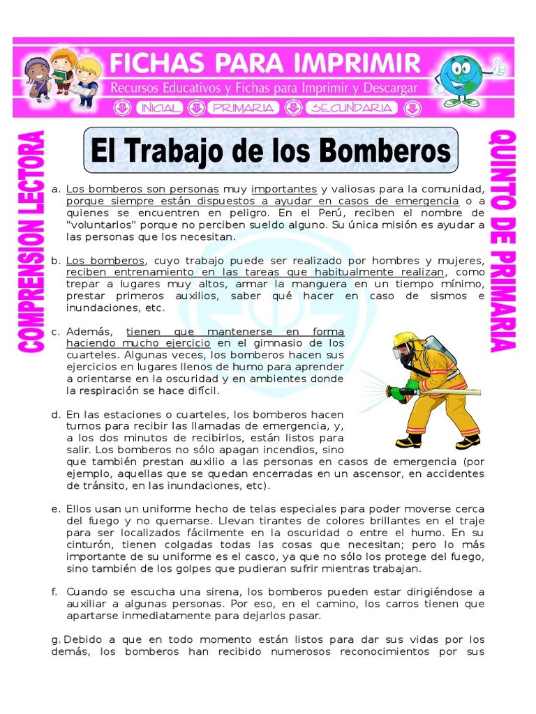 Ficha El Trabajo de Los Bomberos para Quinto de Primaria | PDF ...