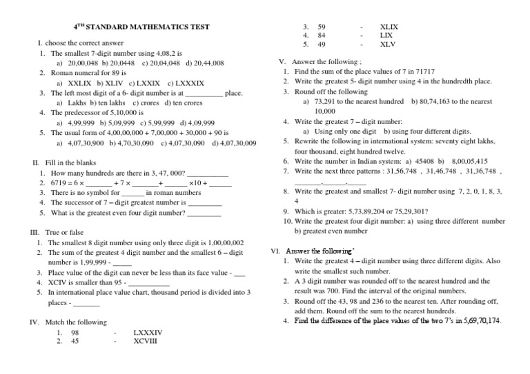 4th Standard Mathematics Test | PDF | Numbers | Encodings