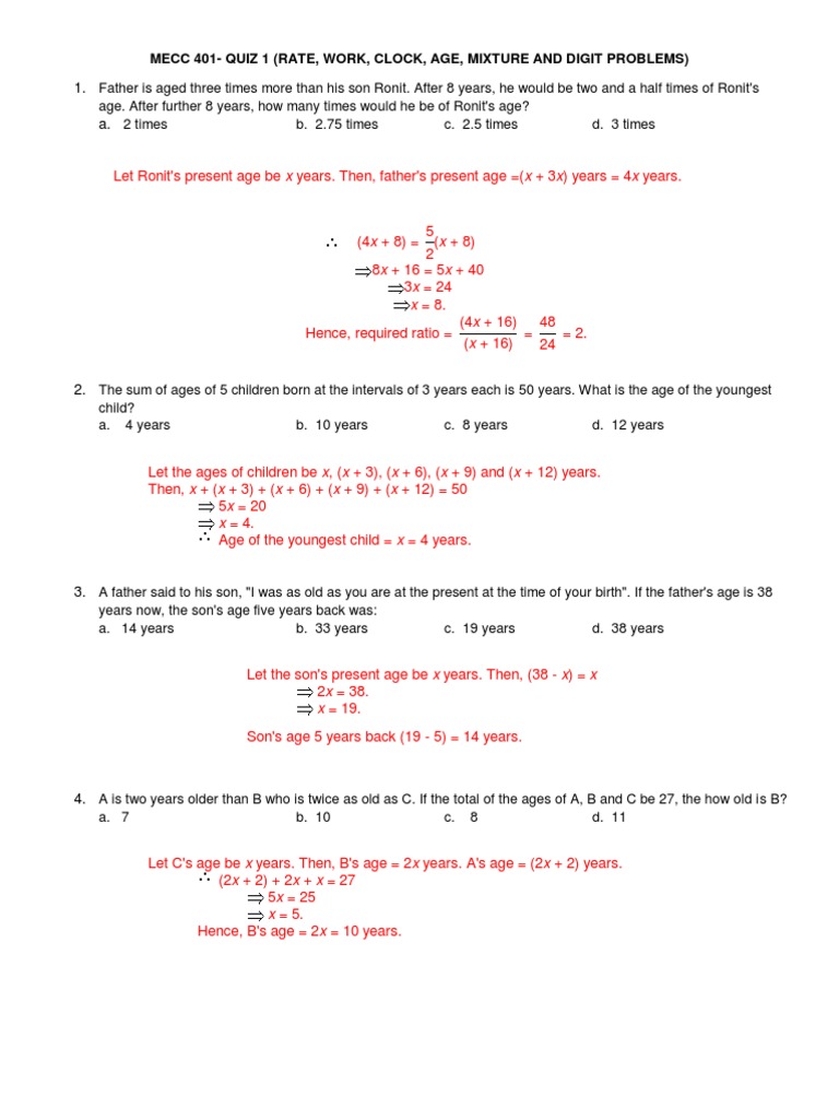 Age Problems Ver1 - Answer Key PDF | Download Free PDF | Speed ...