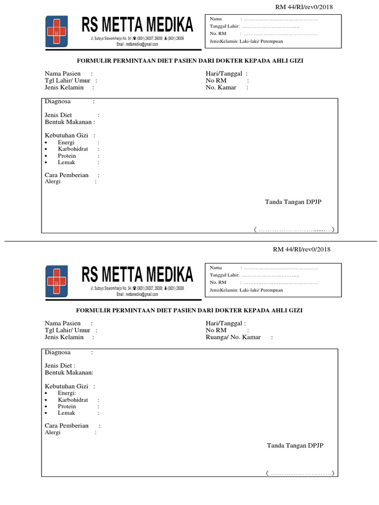Formulir Permintaan Diet Pasien Dari Dokter Kepada Ahli Gizi | PDF
