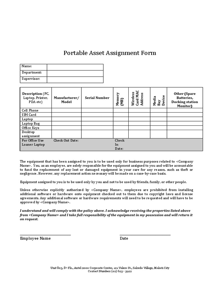 Asset Assignment Form Template | PDF | Laptop | Mobile Phones