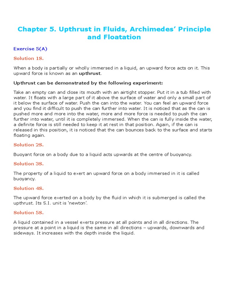 Chapter 5. Upthrust in Fluids, Archimedes' Principle and Floatation | PDF | Buoyancy | Density