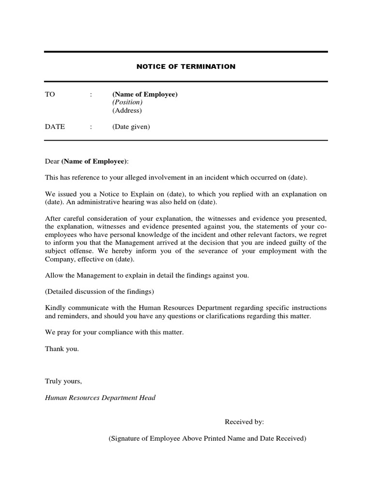Sample NOTICE OF TERMINATION | PDF