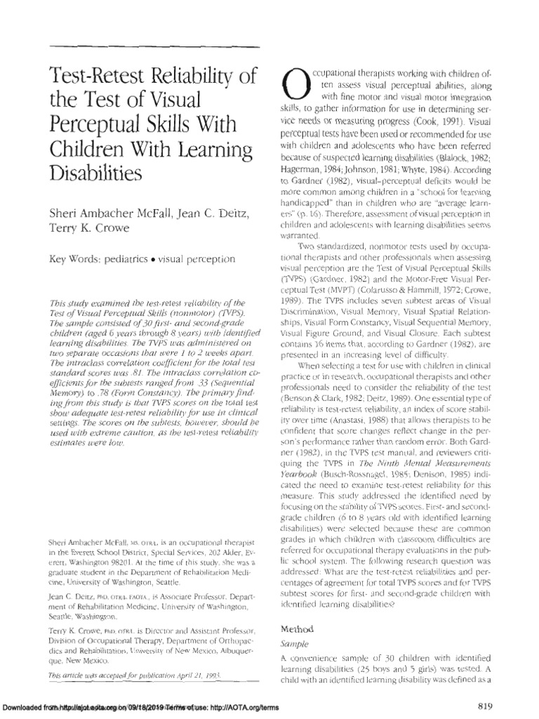 Perceptual Skills With: Test-Retest Reliability of The Test of Visual ...