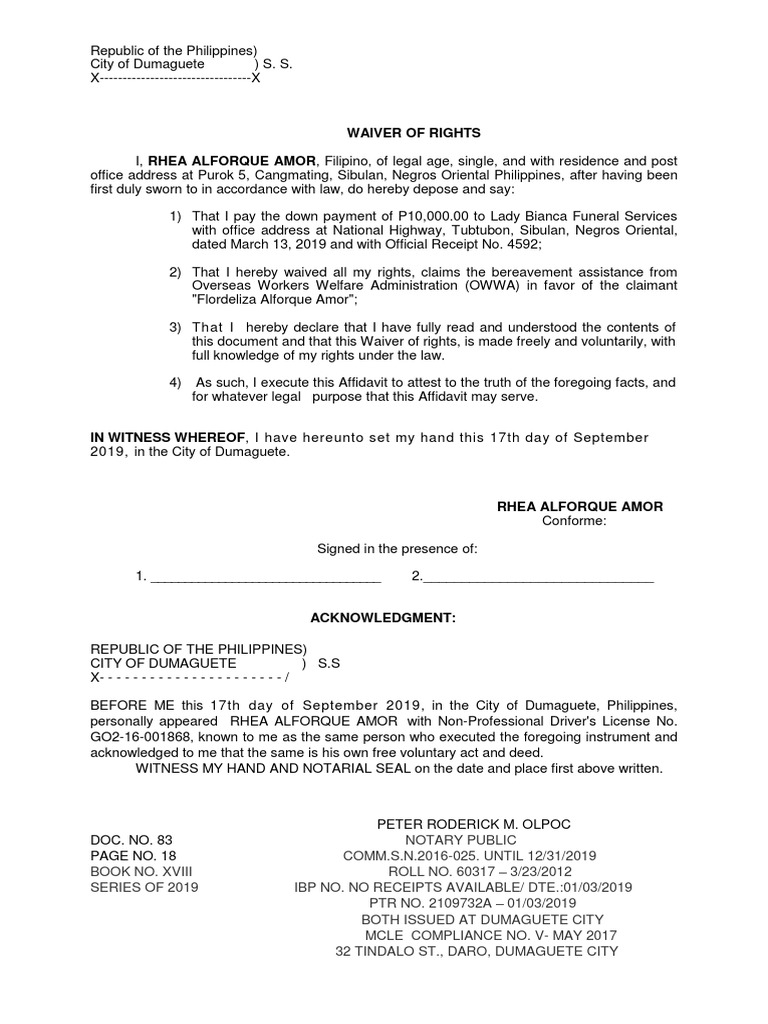 Legal Waiver and Power of Attorney | PDF | Power Of Attorney | Identity ...