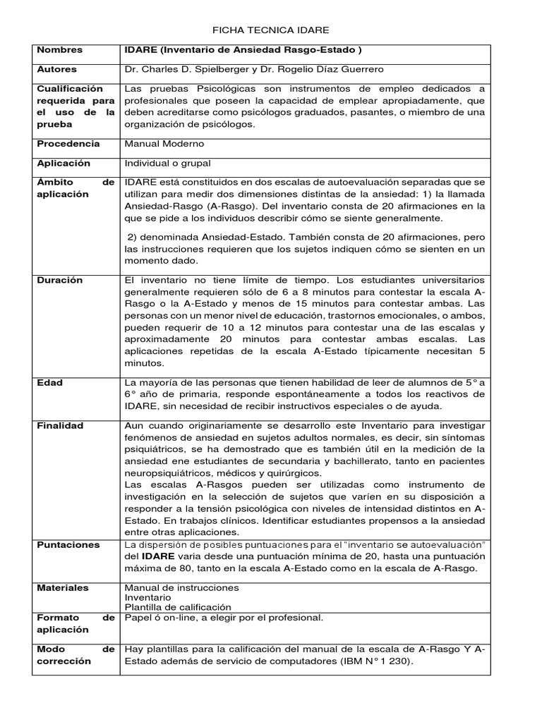 Ficha Tecnica de Idare | PDF | Ansiedad | Dibujo