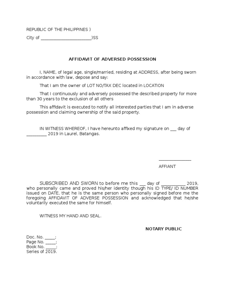 Affidavit of Adverse Possession | PDF | Law