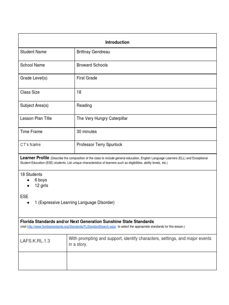 First Grade Reading Lesson Plan: Caterpillar | PDF | Psychological ...