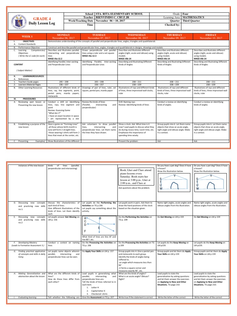 Grade 4 Math DLL: Week 1, Quarter 3 | PDF | Line (Geometry) | Angle