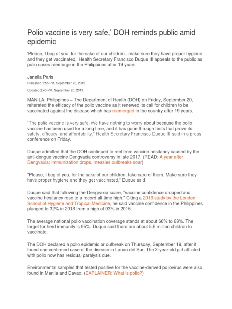 Polio Vaccine Is Very Safe,' DOH Reminds Public Amid Epidemic | PDF ...