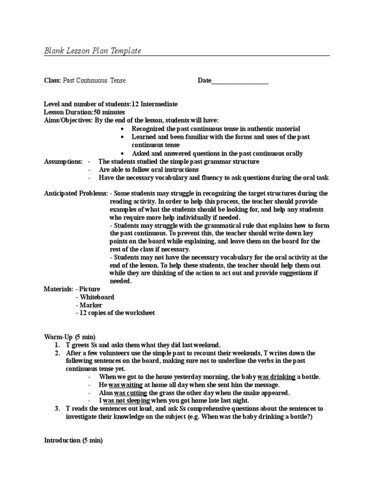 Past Continuous Lesson Plan | PDF | Grammatical Tense | Lesson Plan