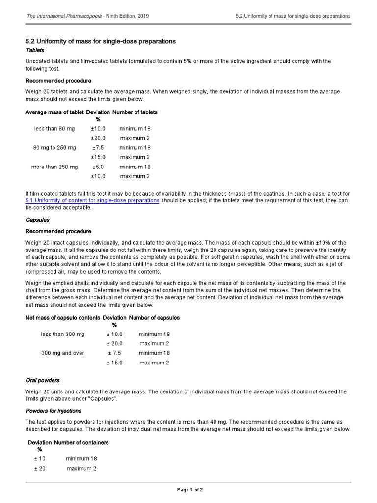 7.5.3.5.2 Uniformity of Mass For Single Dose Preparations | PDF ...
