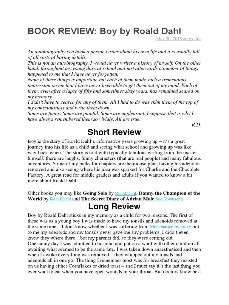 Book Review Boy Roald Dahl | PDF