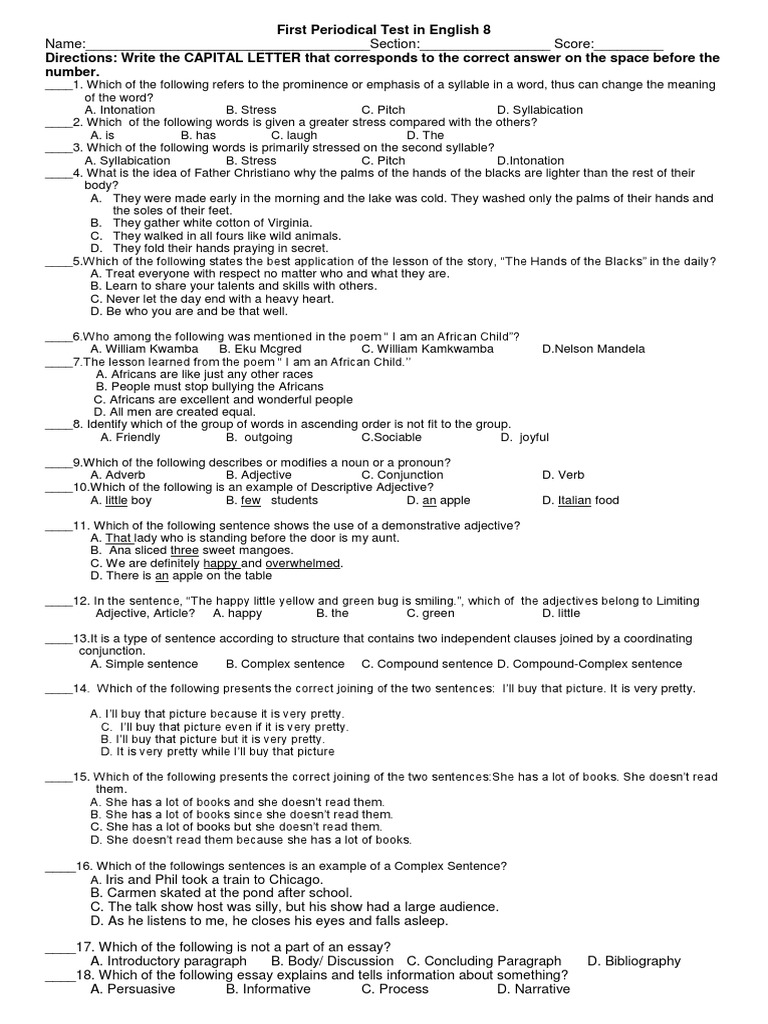 English 8 First Periodical Test | PDF | Adjective | Linguistics