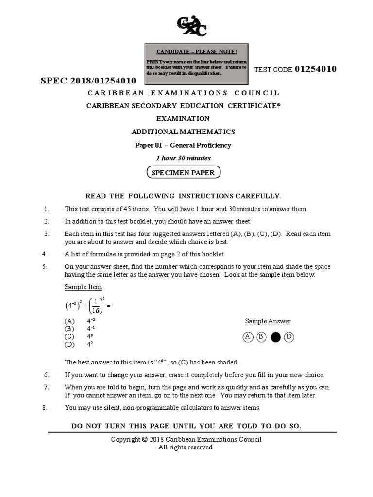 CXC CSEC Additional Mathematics 2019 Spec Paper 01 | PDF ...
