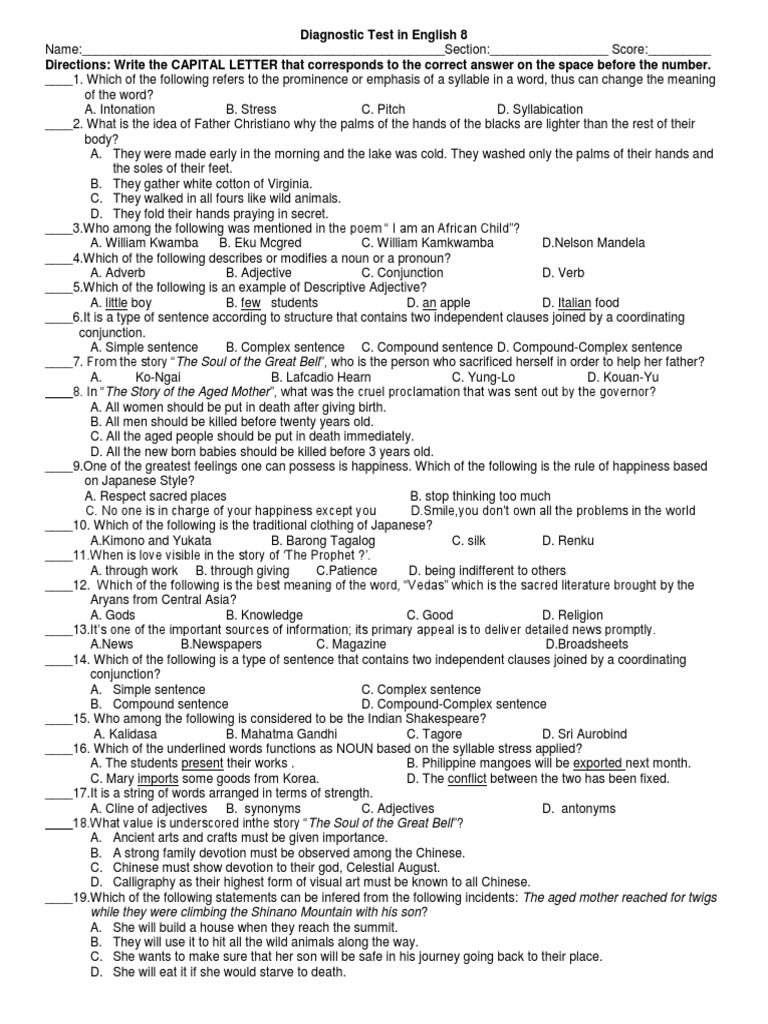 8th Grade English Diagnostic Test | PDF | English Language | Sentence ...