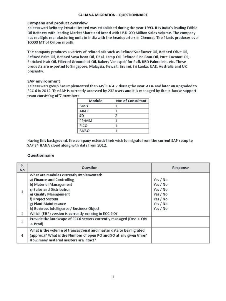 s4 Hana Migration Questionnaire v2 | PDF | Sap Se | Payroll