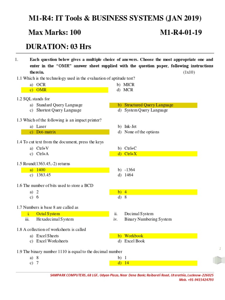 M1-R4: IT Tools & BUSINESS SYSTEMS (JAN 2019) Max Marks: 100 M1-R4-01 ...