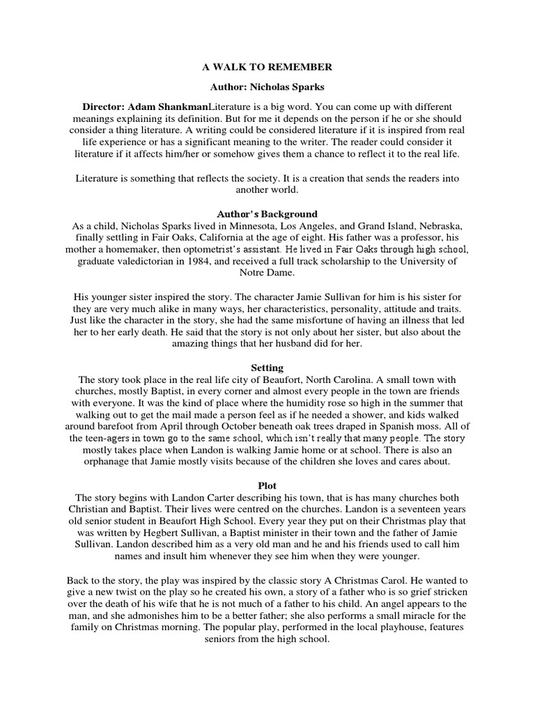 A Walk To Remember Author: Nicholas Sparks Director: Adam ...