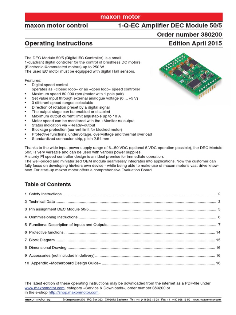 Maxon Motor Control 1-Q-EC Amplifier DEC Module 50/5 Order Number ...
